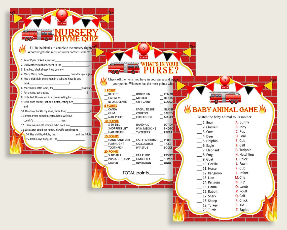 Firetruck Baby Shower Games Printable Pack Red Yellow Baby | Etsy