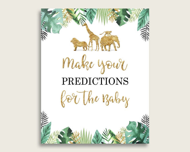 Jungle Baby Shower Prediction Cards & Sign Printable, Gold Green Baby ...