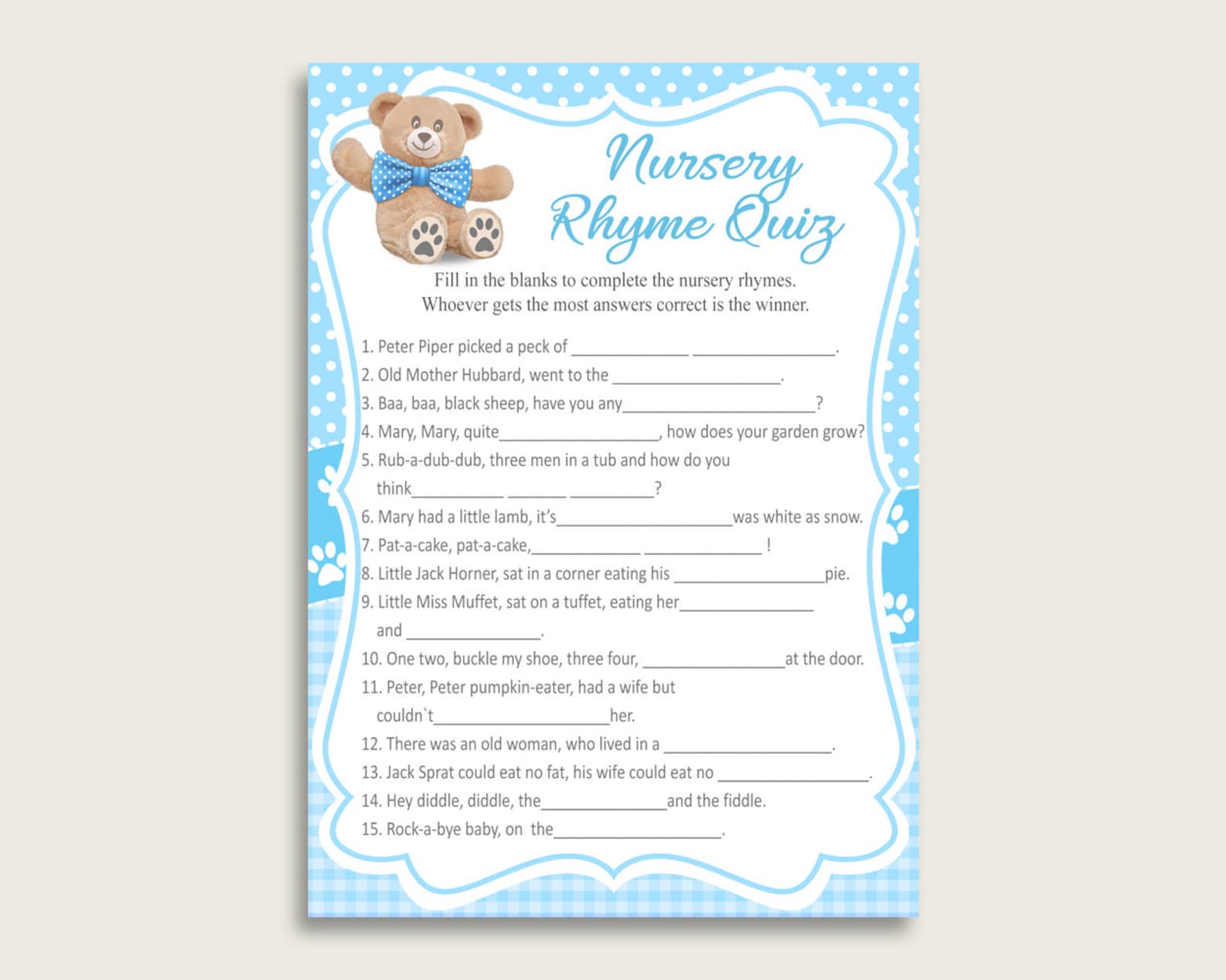 Teddy Bear Nursery Rhyme Quiz Printable, Blue Brown Nursery Rhyme Game ...