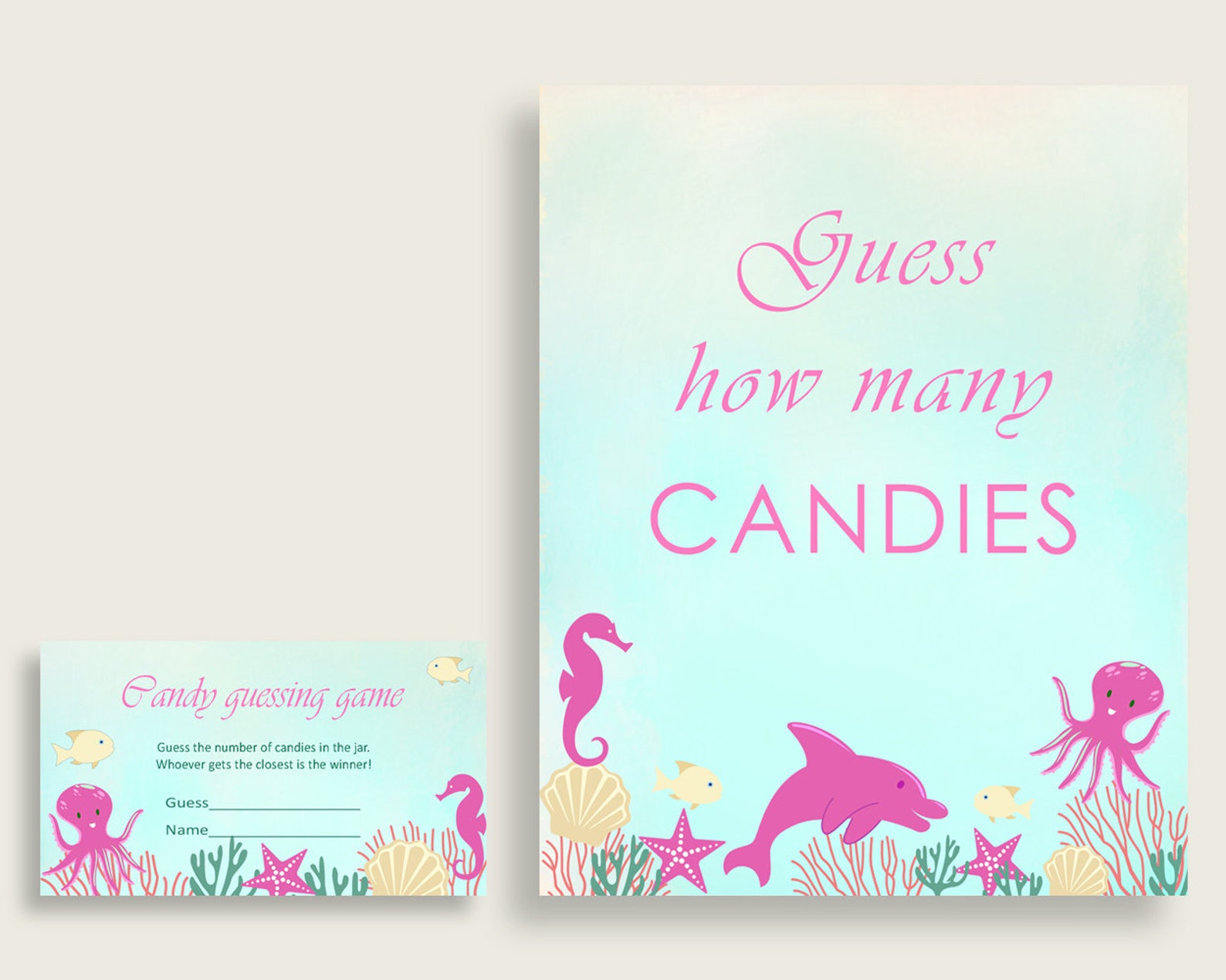 Pink Green Candy Guessing Game, Under the Sea Baby Shower Girl Sign and ...
