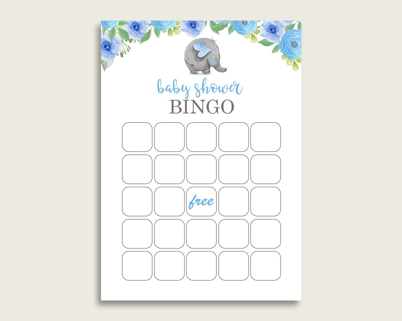 Blue Gray Baby Shower Bingo Blank Game Printable, Elephant Blue Baby ...
