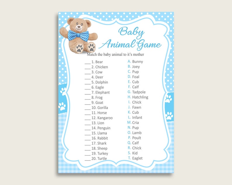 Teddy Bear Name the Baby Animals Game Printable, Blue Brown Baby Shower ...
