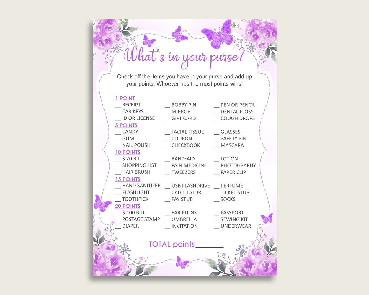 Butterfly What's in Your Purse Game Printable, Purple White Whats in ...