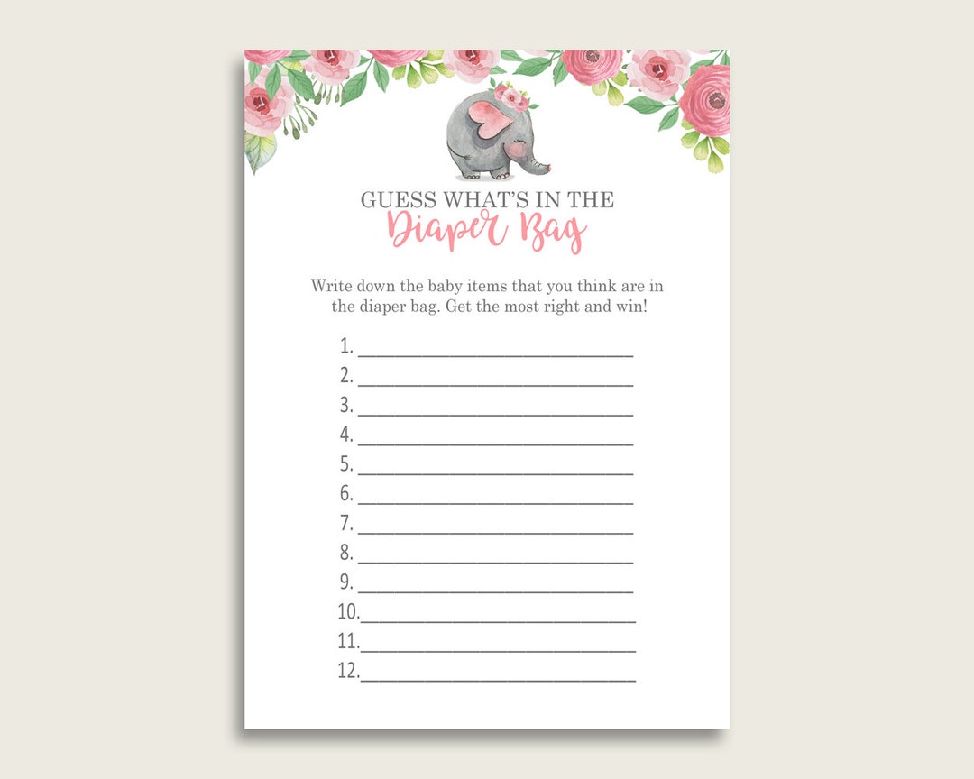 Pink Elephant Guess What's in the Diaper Bag Game, Girl Baby Shower ...