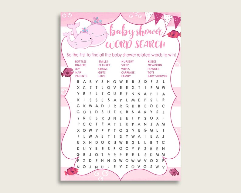 Word Search Baby Shower Word Search Pink Whale Baby Shower - Etsy