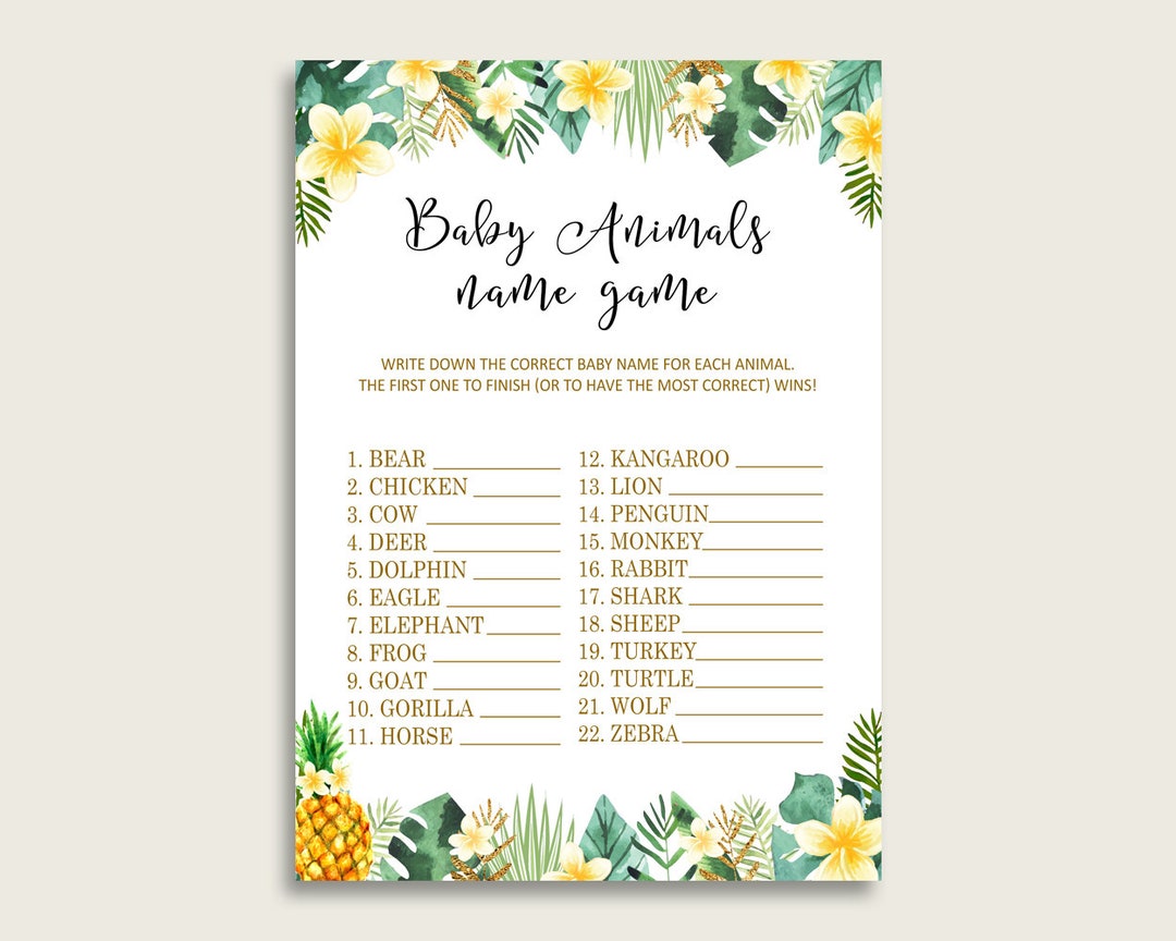 Tropical Name the Baby Animals Game Printable, Green Yellow Baby Shower ...