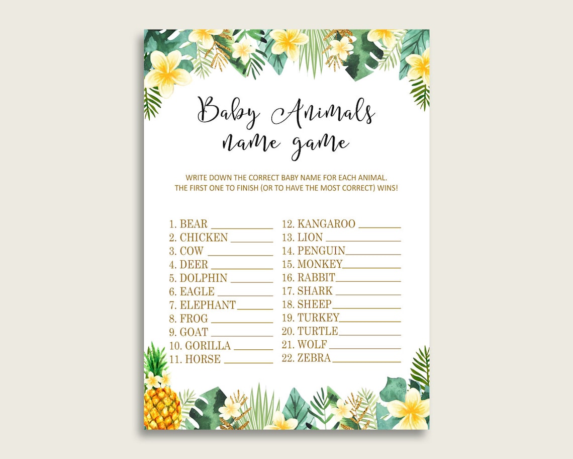 Tropical Name the Baby Animals Game Printable, Green Yellow Baby Shower ...