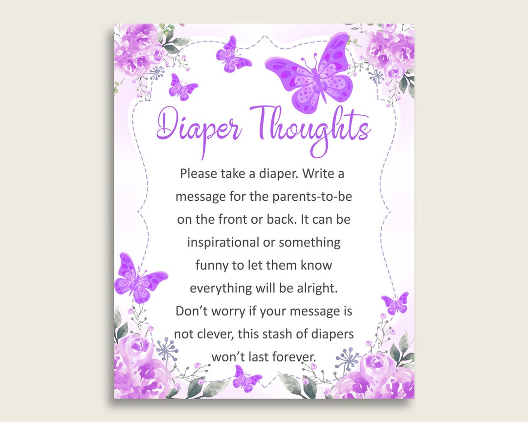 Butterfly Baby Shower Diaper Thoughts Printable, Girl Purple White Late ...