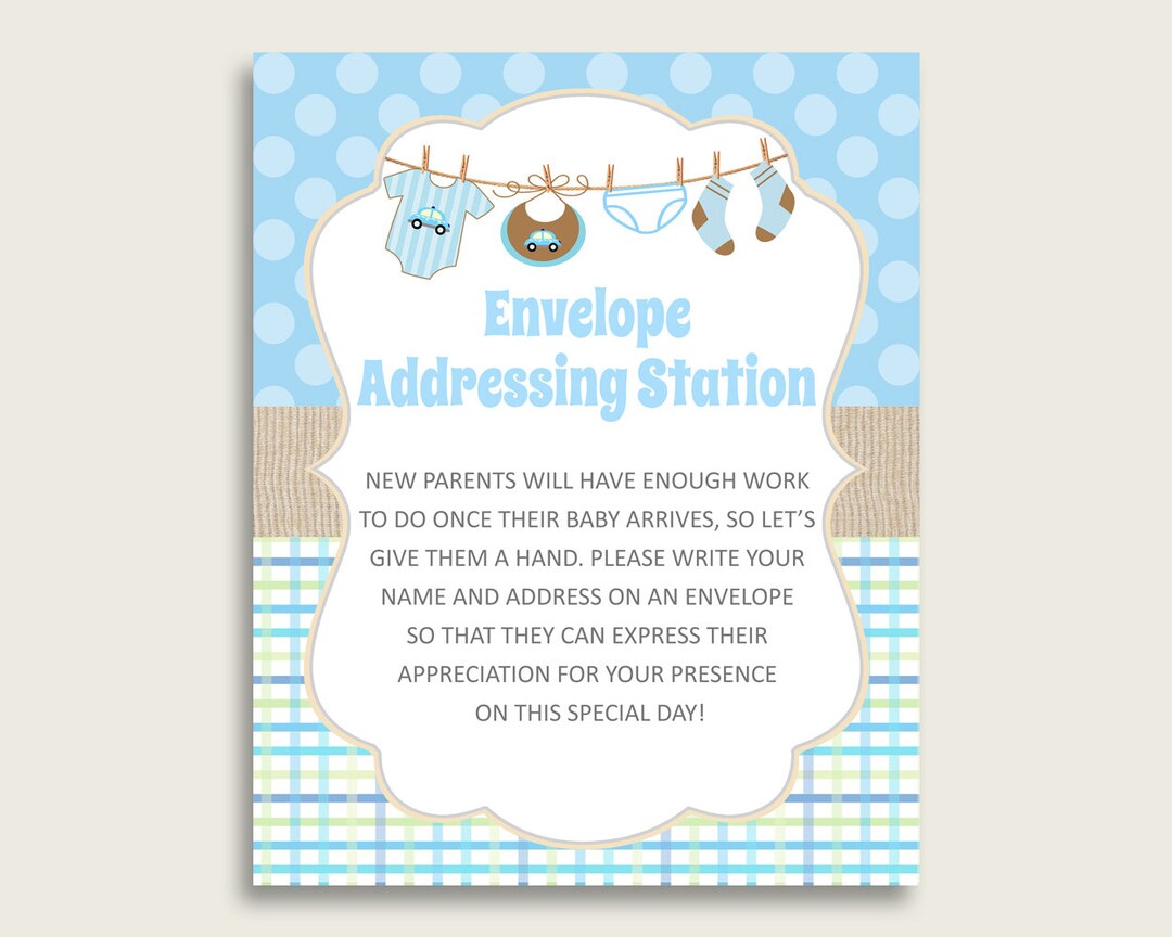 Blue Beige Baby Shower Address Sign Printable, Clothes Envelope Station ...