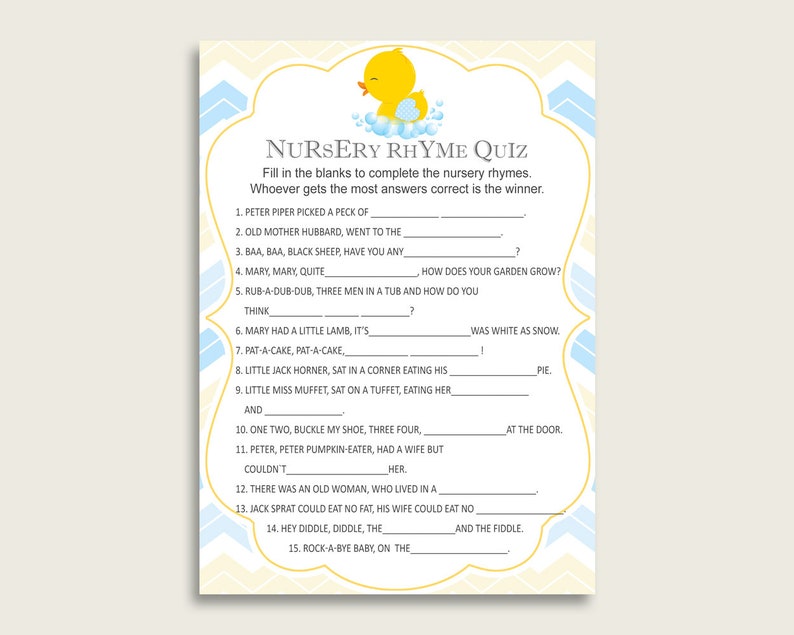 Rubber Duck Nursery Rhyme Quiz Printable Yellow Blue Nursery | Etsy