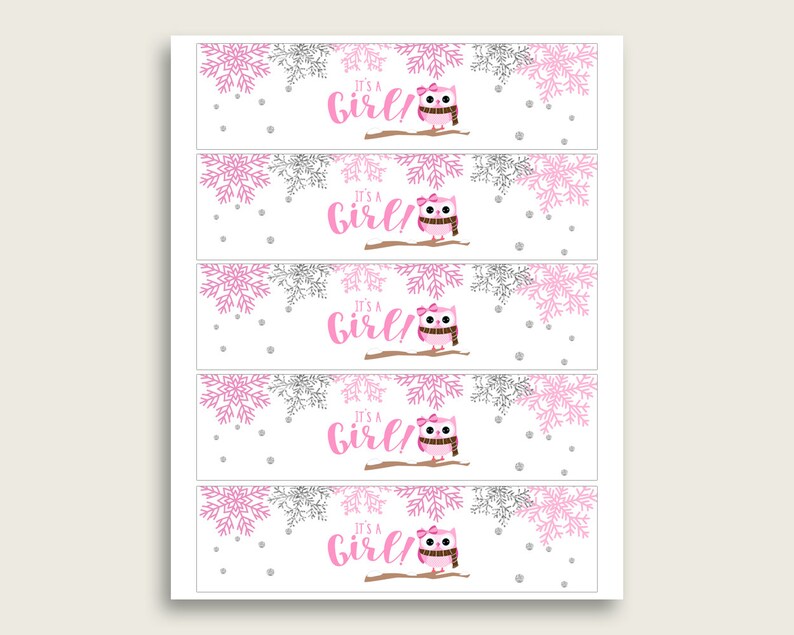 Pink Gray Water Bottle Labels Printable Winter Owl Water | Etsy