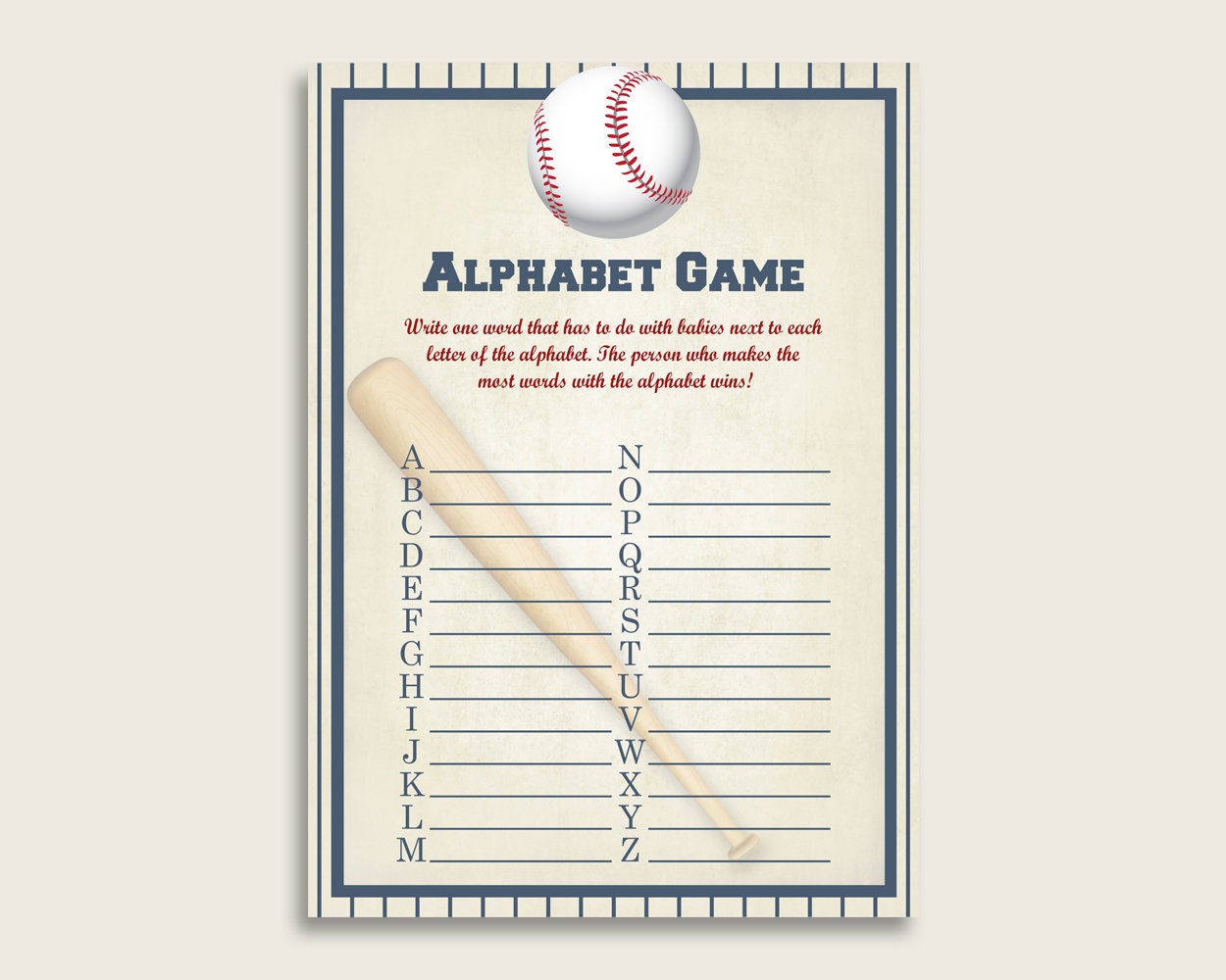 Blue Beige Alphabet Baby Shower Boy Game, Baseball A-Z Guessing Baby ...