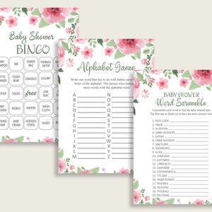 Watercolor Flowers Baby Shower Games Printable Pack, Pink Green Baby ...