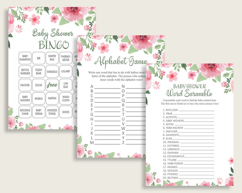 Watercolor Flowers Baby Shower Games Printable Pack, Pink Green Baby ...