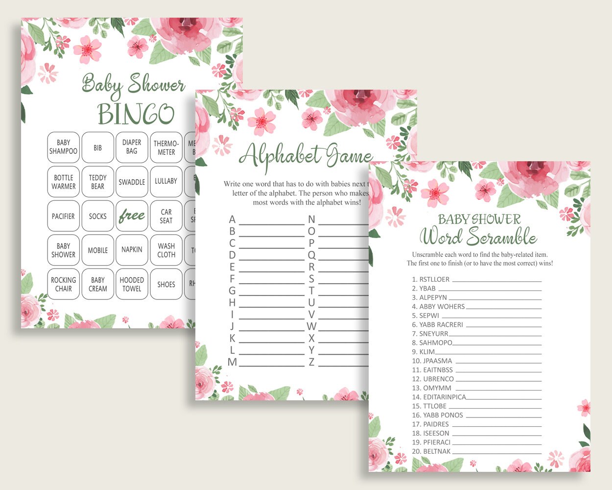 Watercolor Flowers Baby Shower Games Printable Pack, Pink Green Baby ...