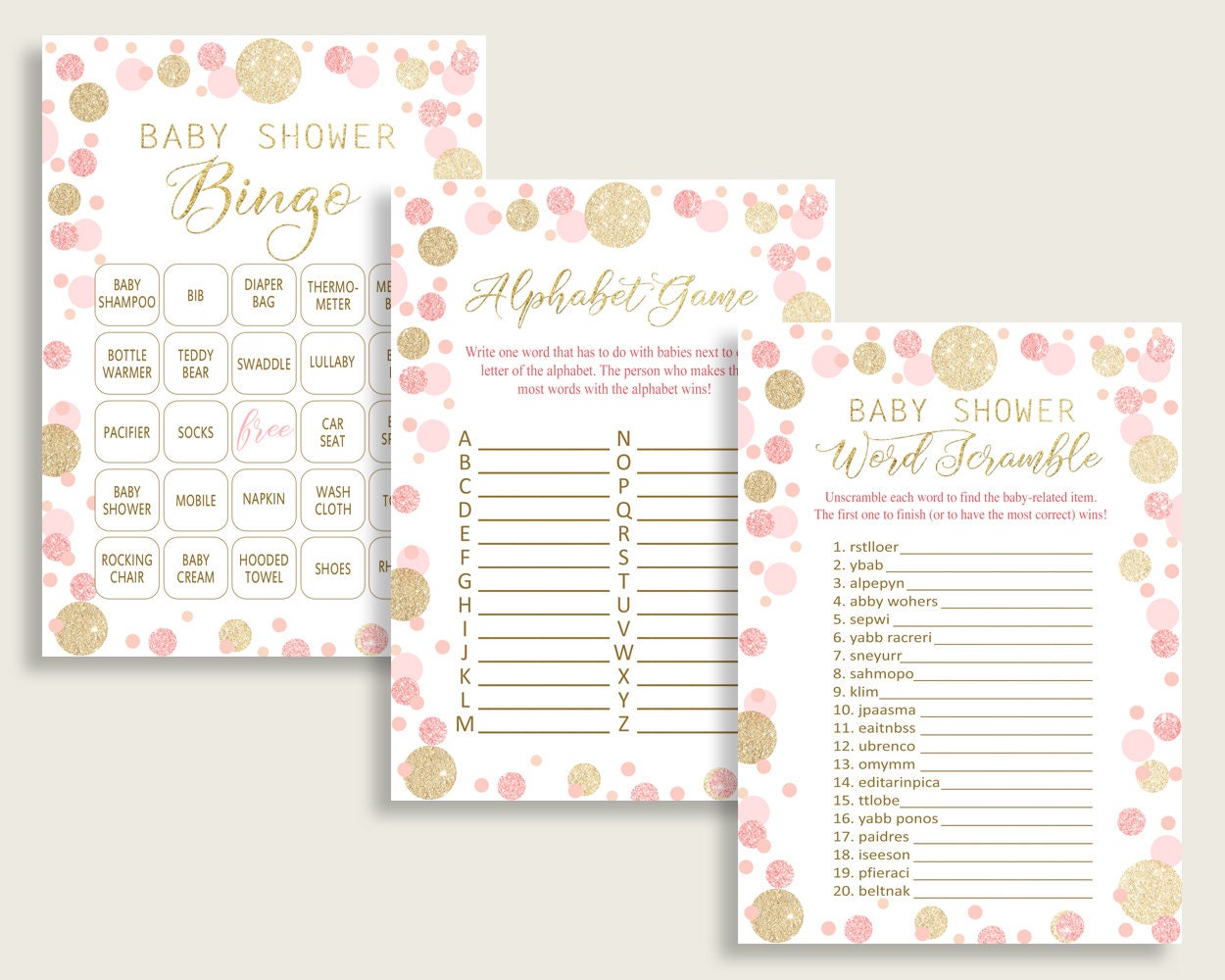 Dots Baby Shower Games Printable Pack Pink Gold Baby Shower - Etsy UK