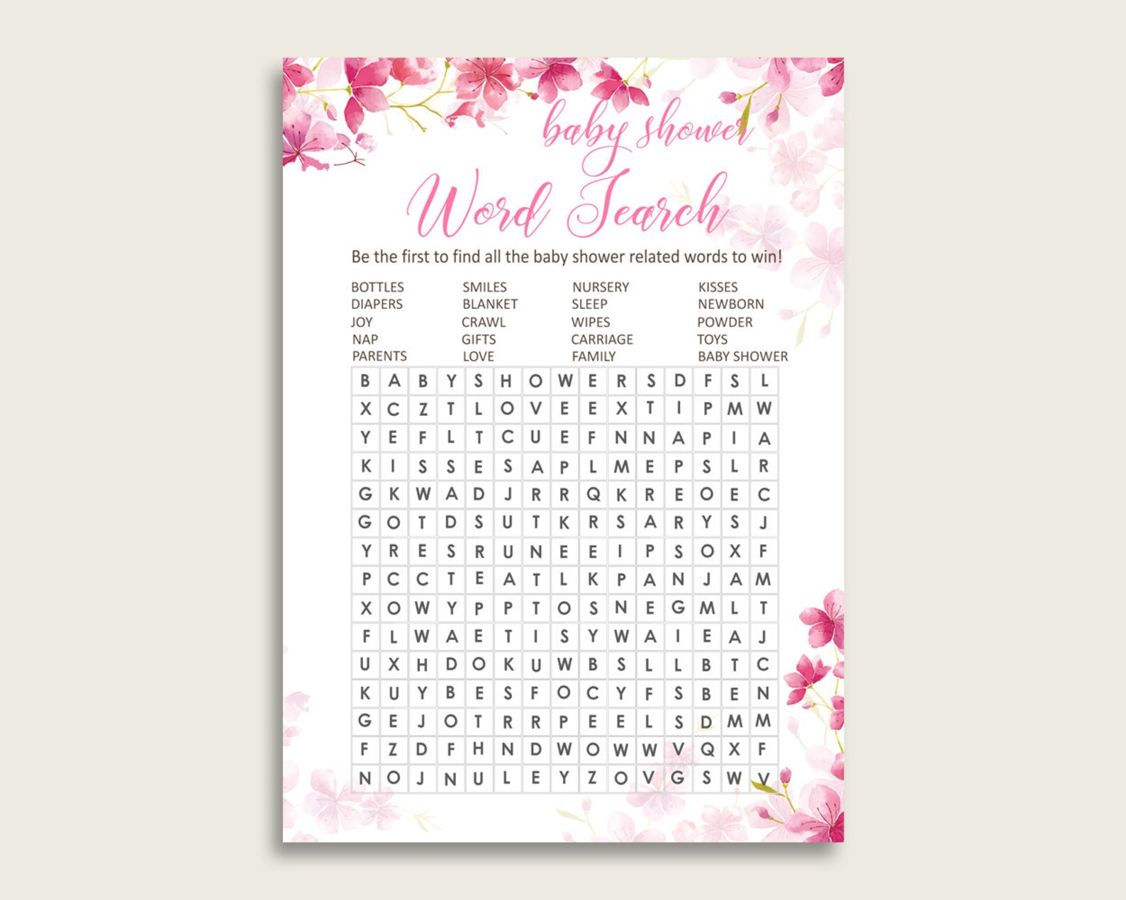 Cherry Blossom Word Search Game Pink White Baby Shower Word | Etsy