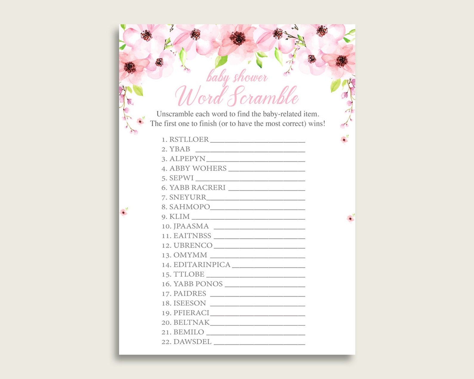 Girl Baby Shower Word Scramble Game Printable Cute Flower - Etsy