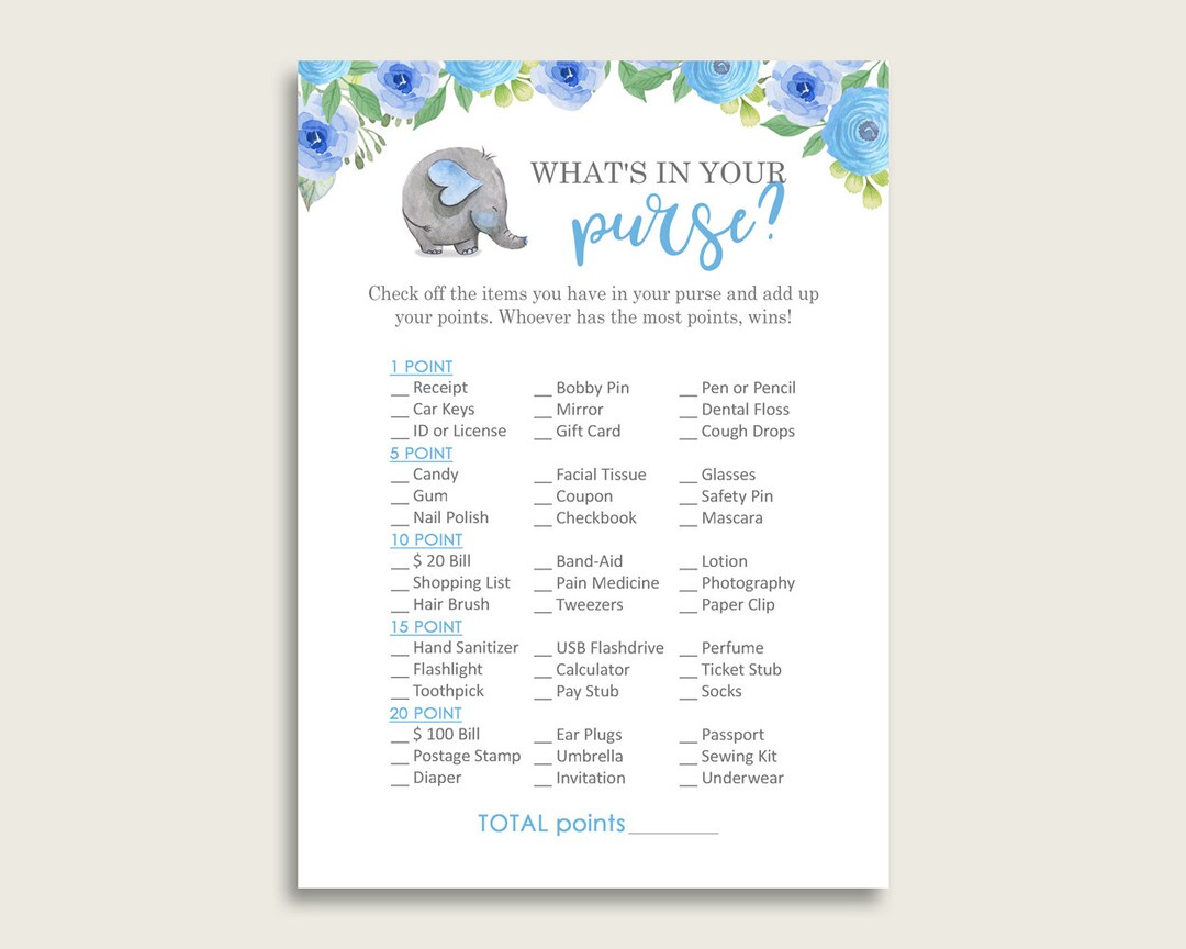Elephant Blue What's in Your Purse Game Printable, Blue Gray Whats in ...