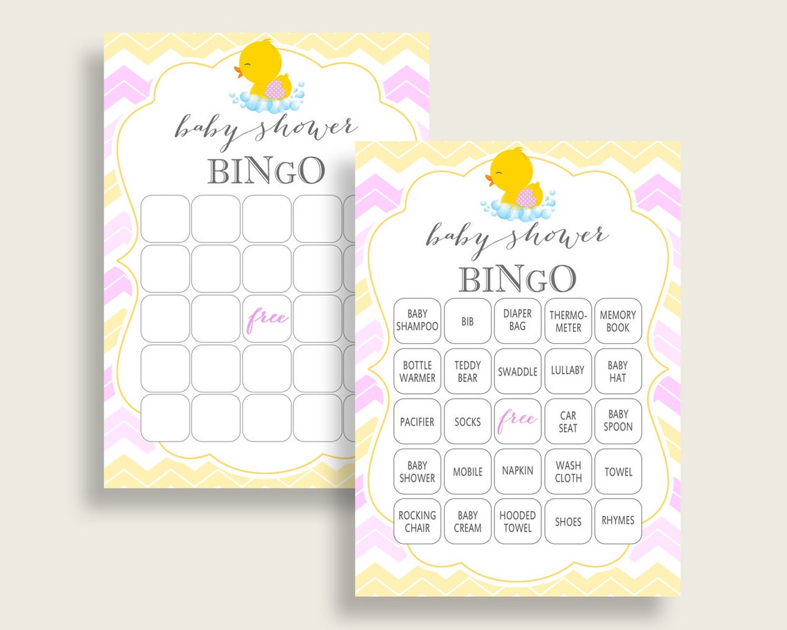 Rubber Ducky Baby Shower Bingo Cards Printable, Yellow Pink Baby Shower ...