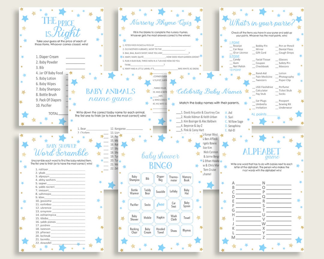 Stars Baby Shower Games Printable Pack, Blue Gold Baby Shower Games ...