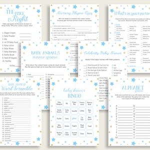 Stars Baby Shower Games Printable Pack, Blue Gold Baby Shower Games ...
