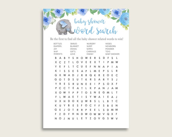 Elephant Blue Word Search Game, Blue Gray Baby Shower Word Search Cards ...