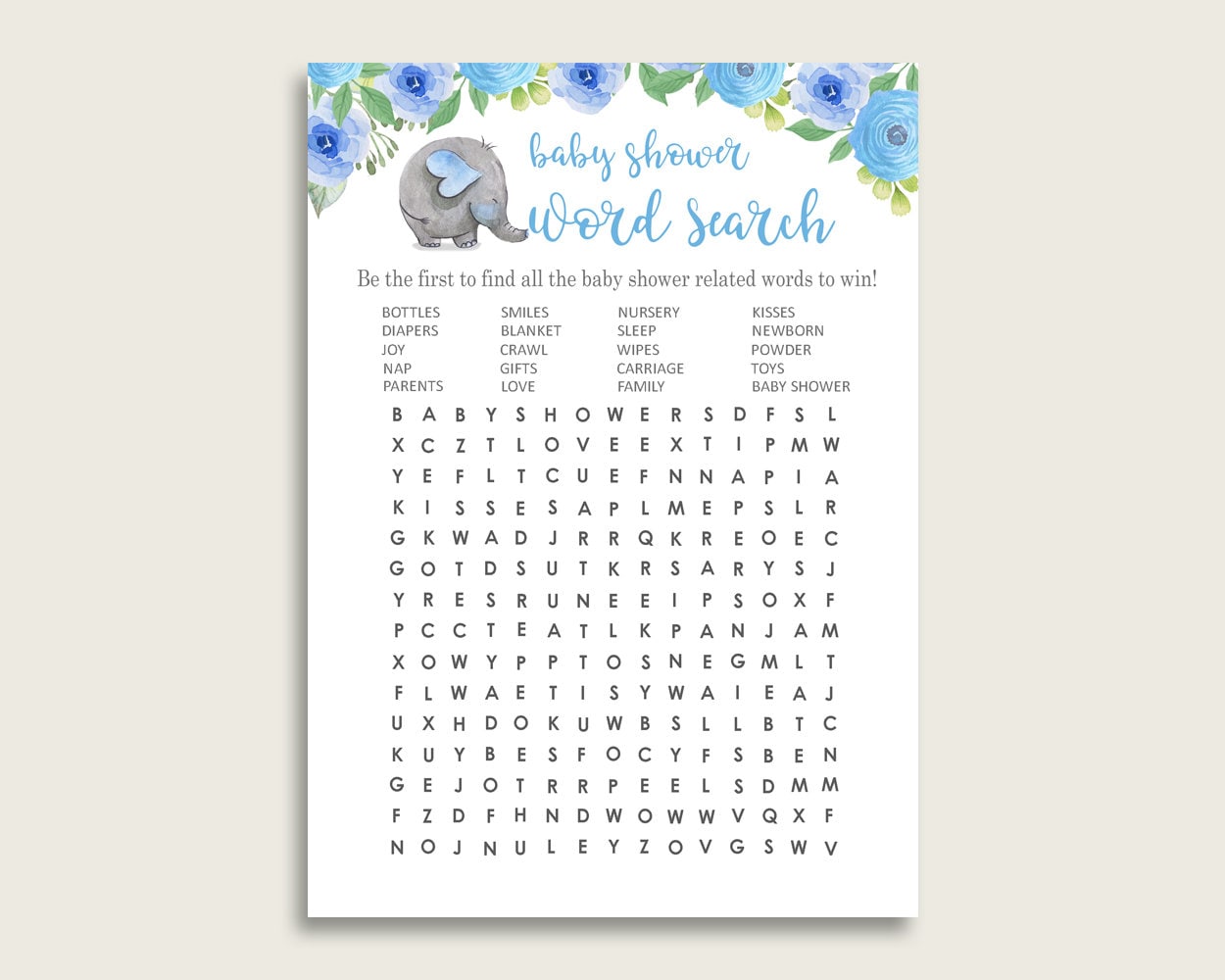 Elephant Blue Word Search Game, Blue Gray Baby Shower Word Search Cards ...