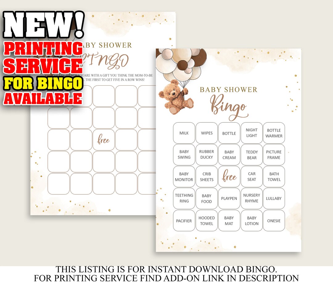 Teddy Bear Baby Shower Bingo, Printable or Printed Bingo Prefilled ...