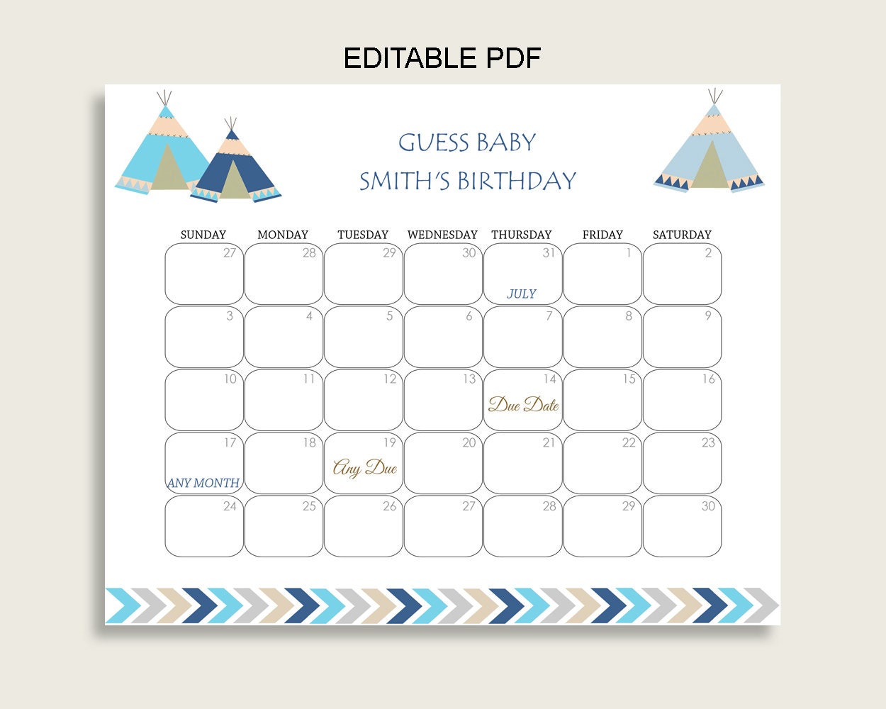 Blue Beige Guess Baby Due Date Calendar Game Printable Tribal - Etsy