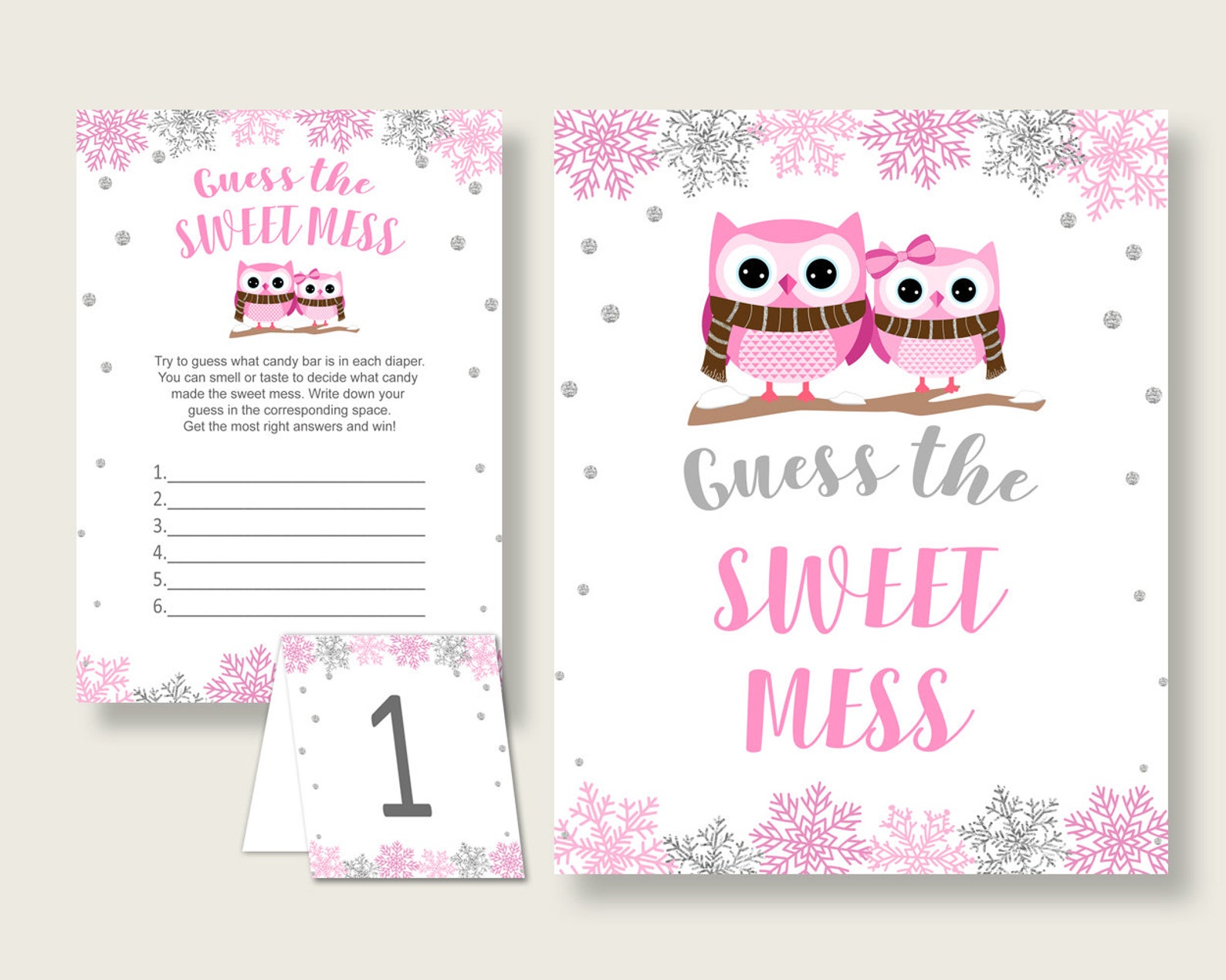 Winter Owl Guessing Game Baby Shower Girl Pink Gray Guess the | Etsy