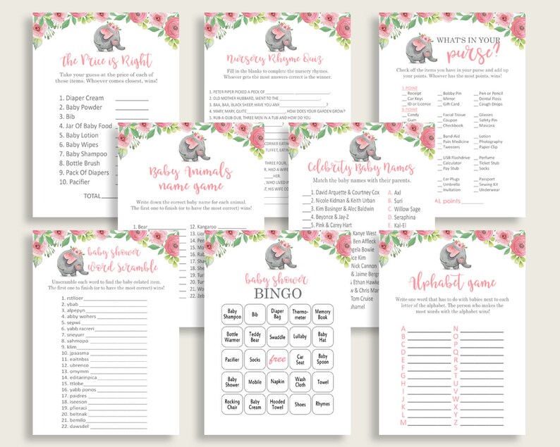 Pink Elephant Baby Shower Games Printable or Printed, Pink Grey Baby ...