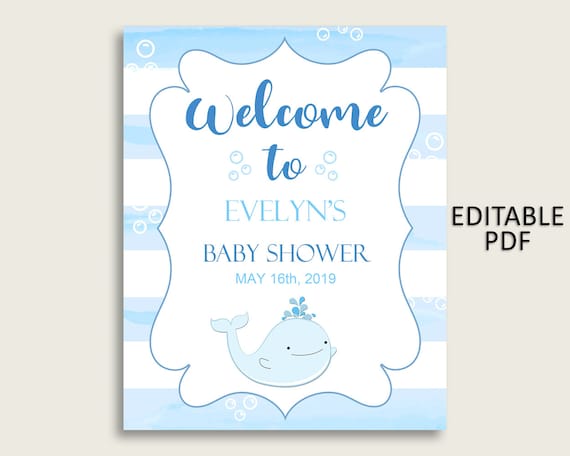 Blue White Whale Baby Shower Welcome Sign Printable Party | Etsy