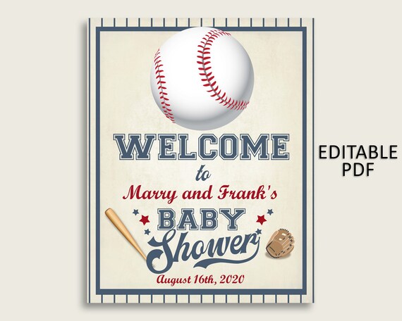 Blue Beige Baseball Baby Shower Welcome Sign Printable, Party Large ...