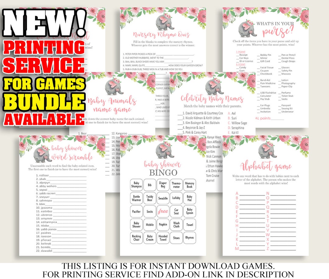 Pink Elephant Baby Shower Games Printable or Printed Pink - Etsy