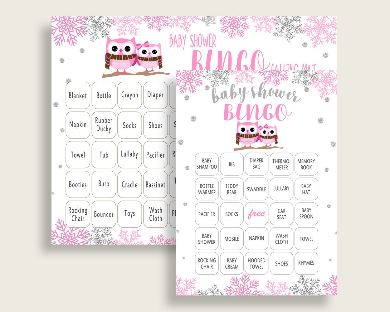 Winter Owl Baby Shower Bingo Cards Printable Pink Gray Baby - Etsy