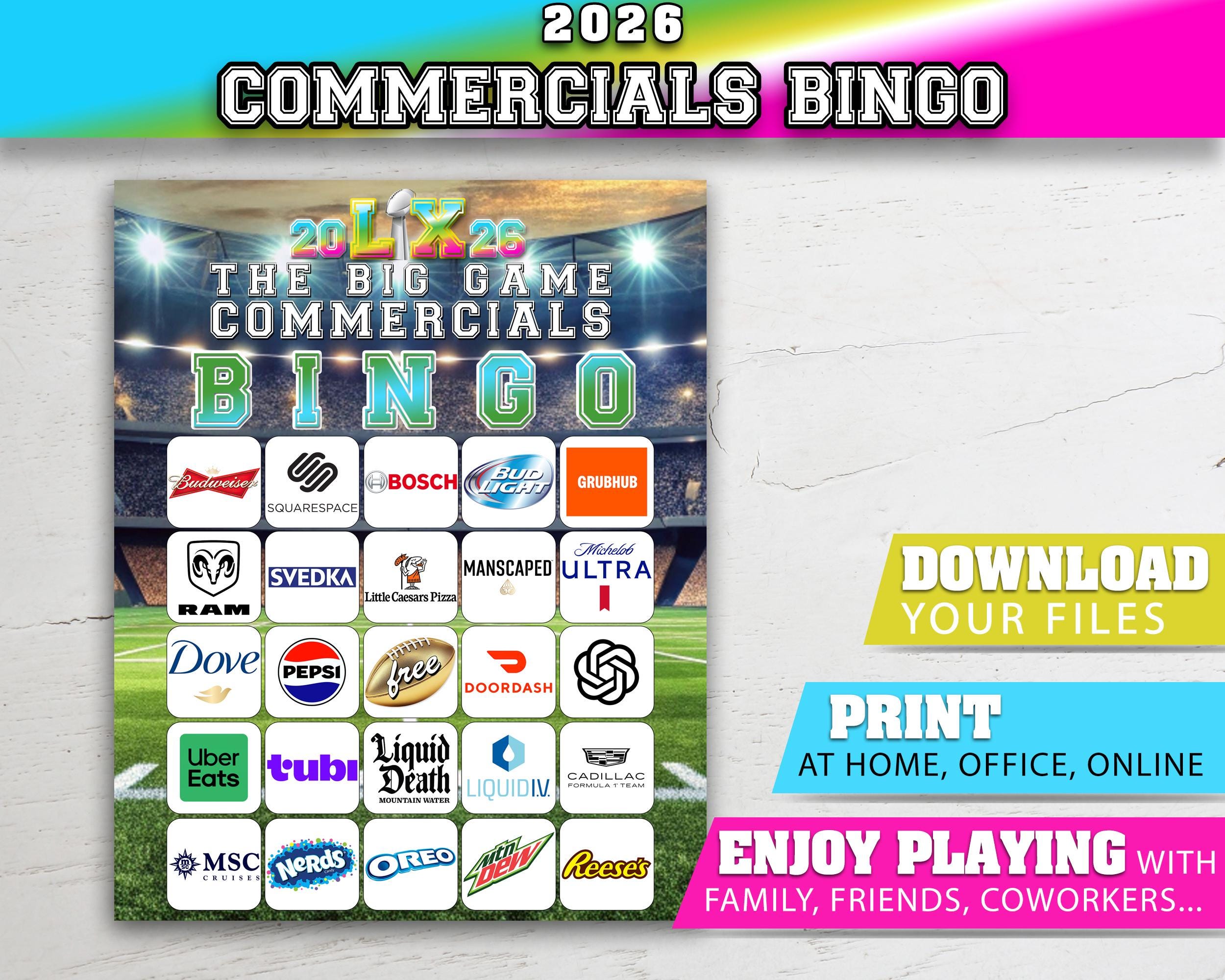 The Big Game Bingo Commercials 2026, Football Commercials Bingo ...