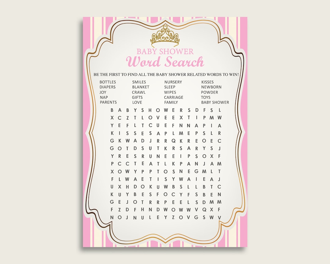 Royal Princess Word Search Game, Pink Gold Baby Shower Word Search ...