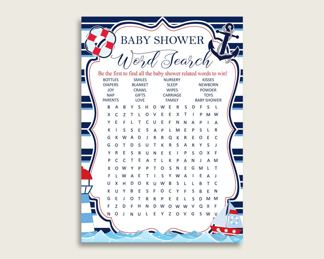 Nautical Word Search Game, Blue Red Baby Shower Word Search Cards ...