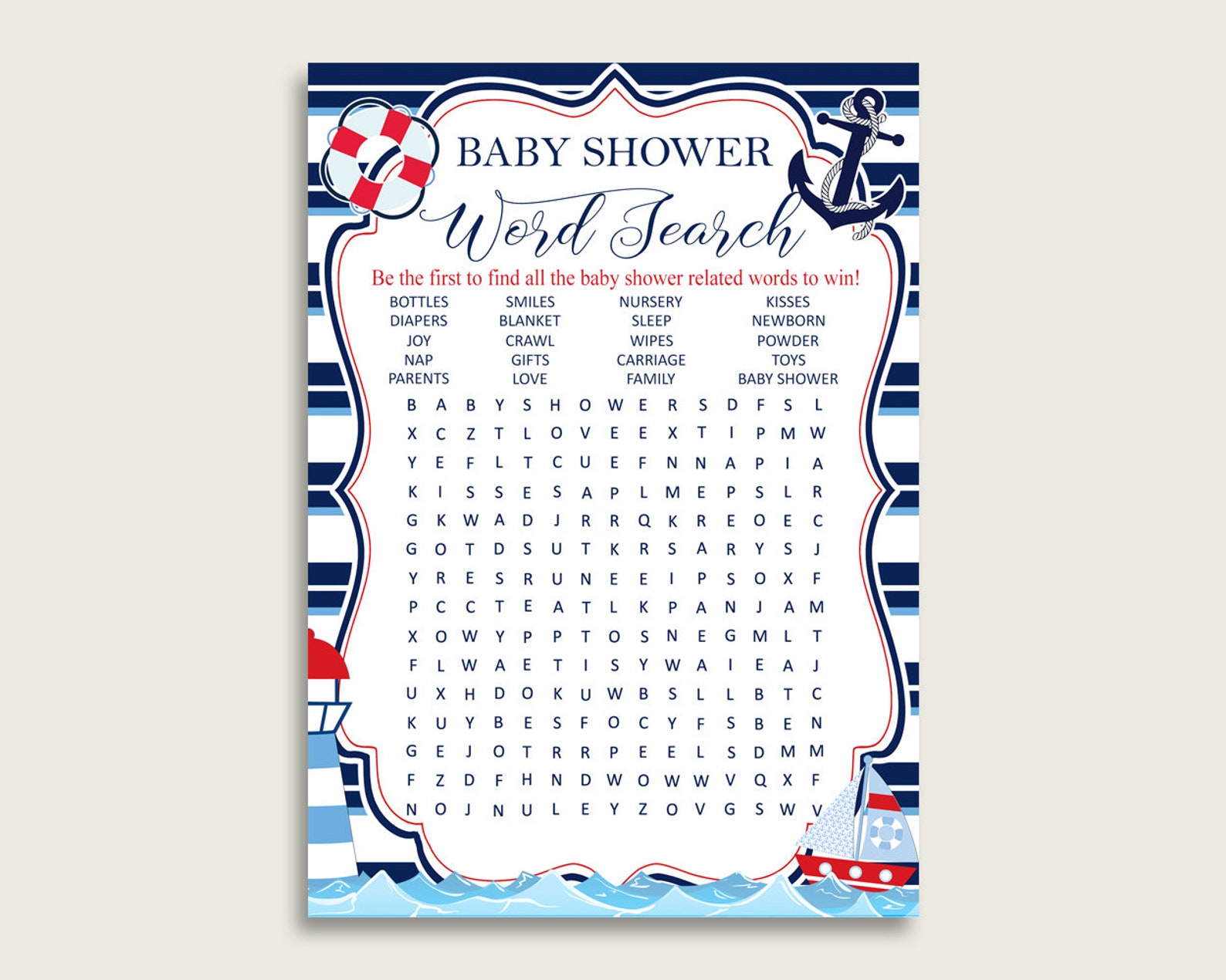 Nautical Word Search Game, Blue Red Baby Shower Word Search Cards ...