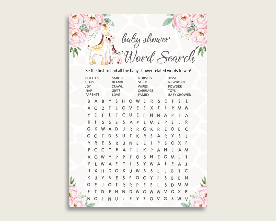 Giraffe Word Search Game, Pink Yellow Baby Shower Word Search Cards ...