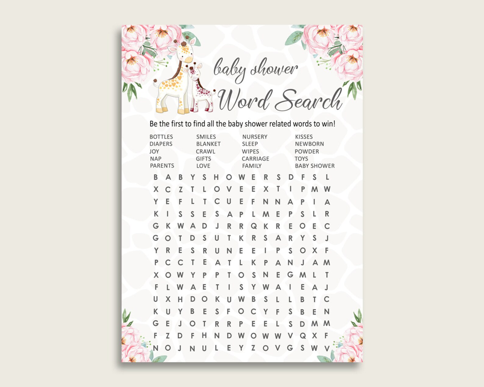 Giraffe Word Search Game Pink Yellow Baby Shower Word Search - Etsy