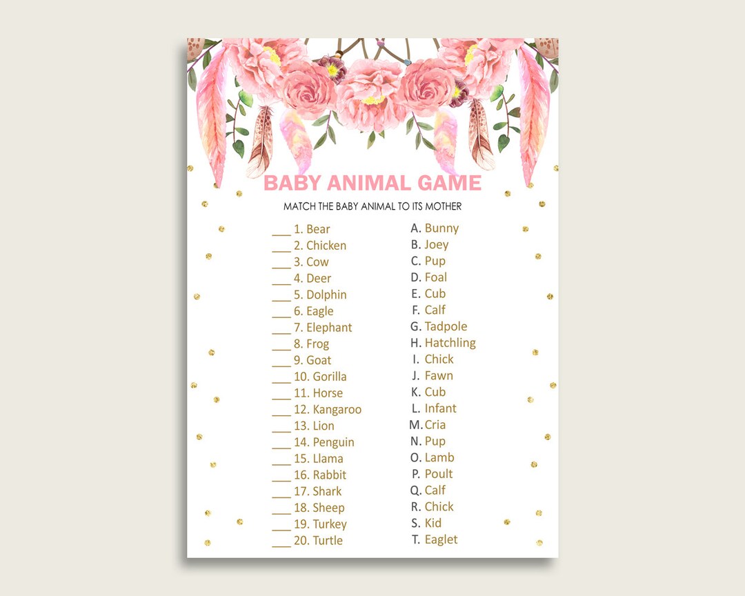 Dreamcatcher Name the Baby Animals Game Printable, Pink Gold Baby ...