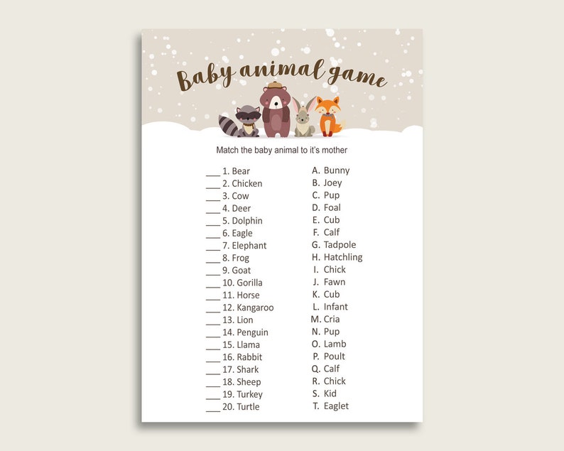Winter Woodland Name the Baby Animals Game Printable, Beige Brown Baby ...