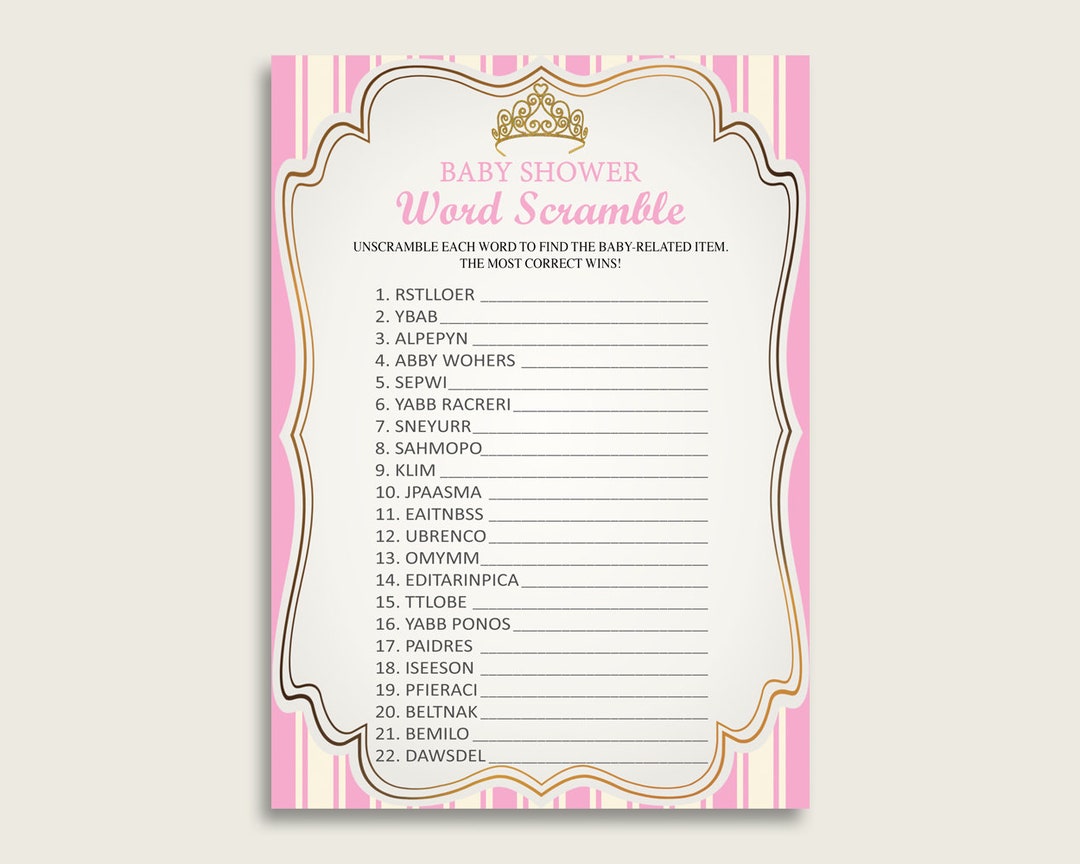 Girl Baby Shower Word Scramble Game Printable, Cute Royal Princess Pink ...