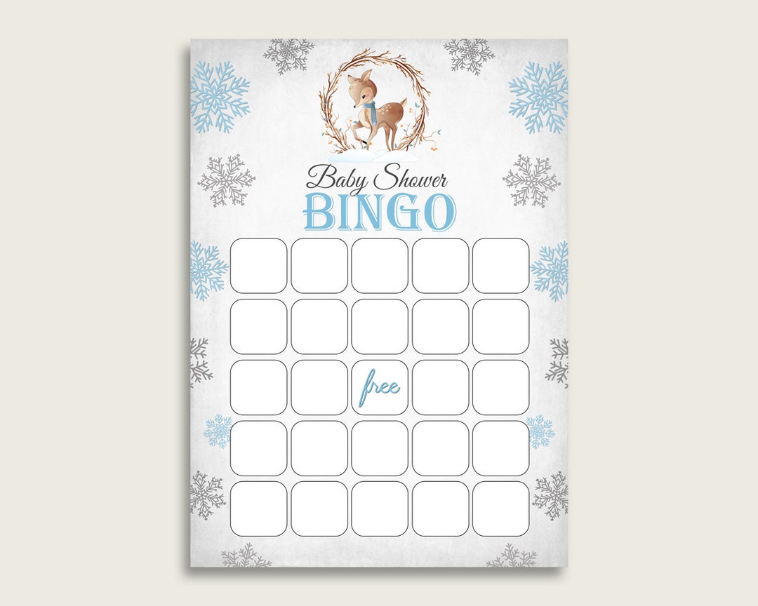 Gray Blue Baby Shower Bingo Blank Game Printable, Winter Deer Baby ...