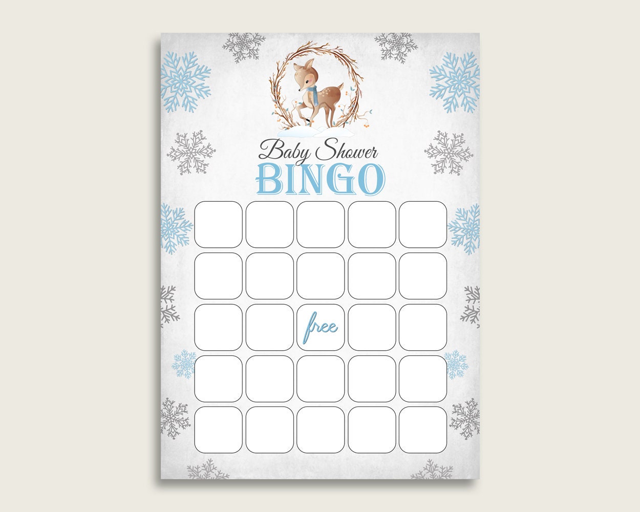 Gray Blue Baby Shower Bingo Blank Game Printable, Winter Deer Baby ...
