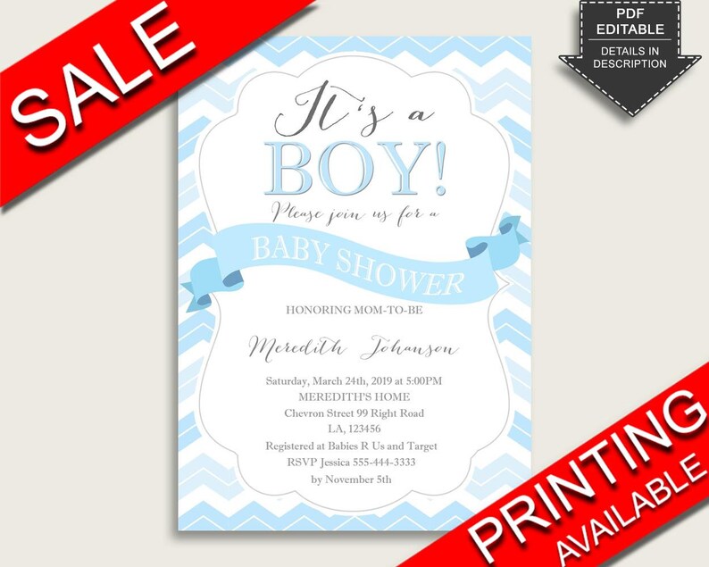 Chevron Baby Shower Invitations Printable, Digital or Printed ...