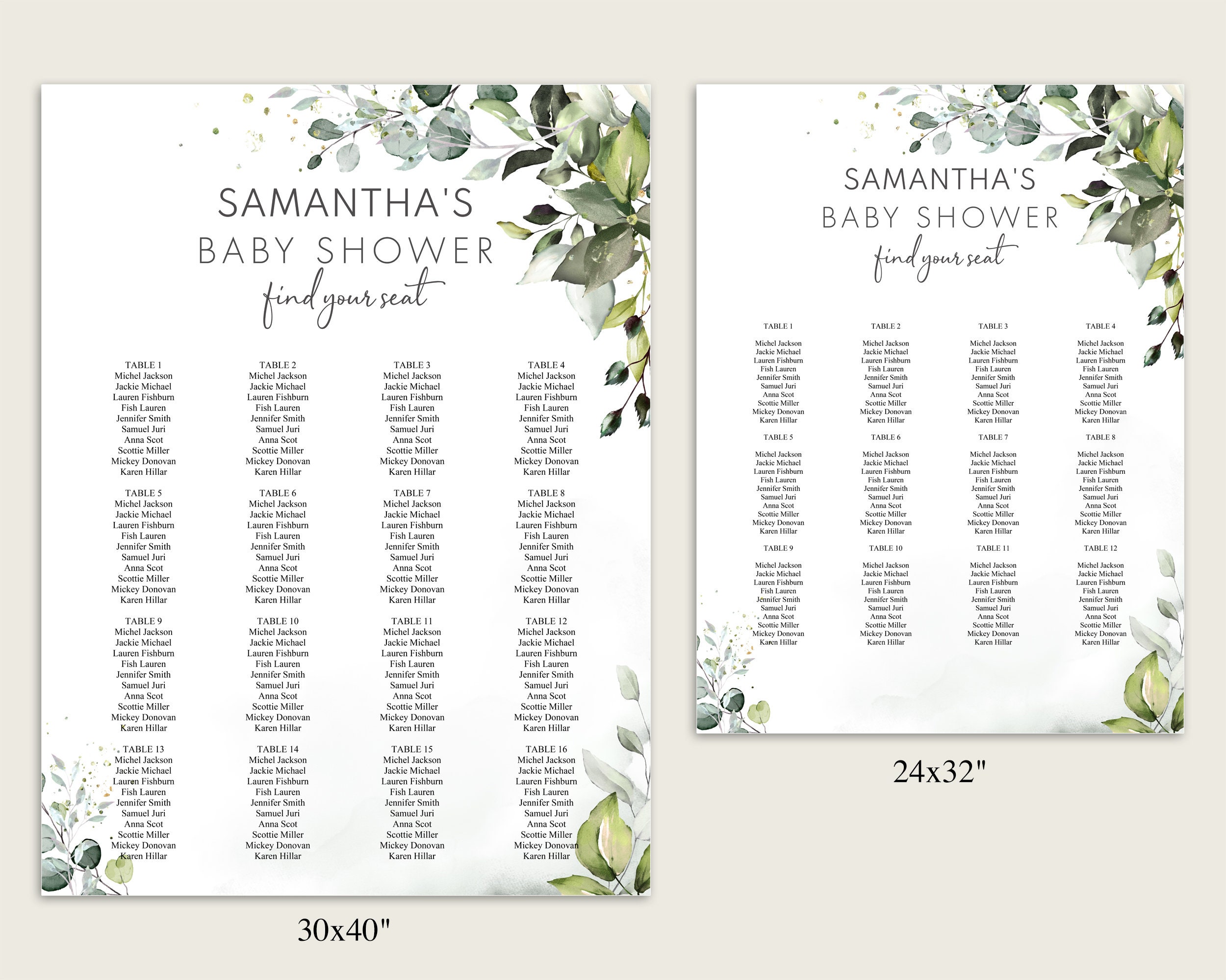Green White Table Seating Chart Sign Printable, Seating Chart Board ...