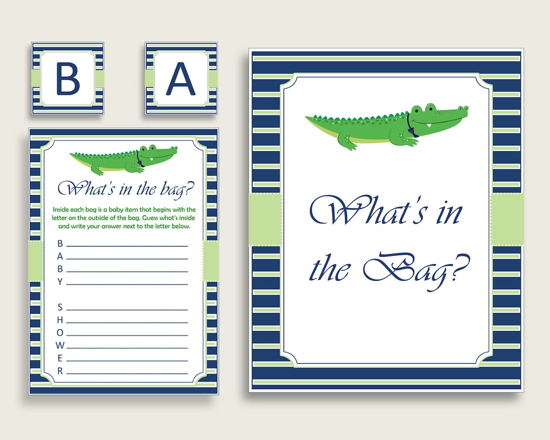 Alligator Baby Shower What's in the Bag Game, Blue Green Boy Bag Game ...